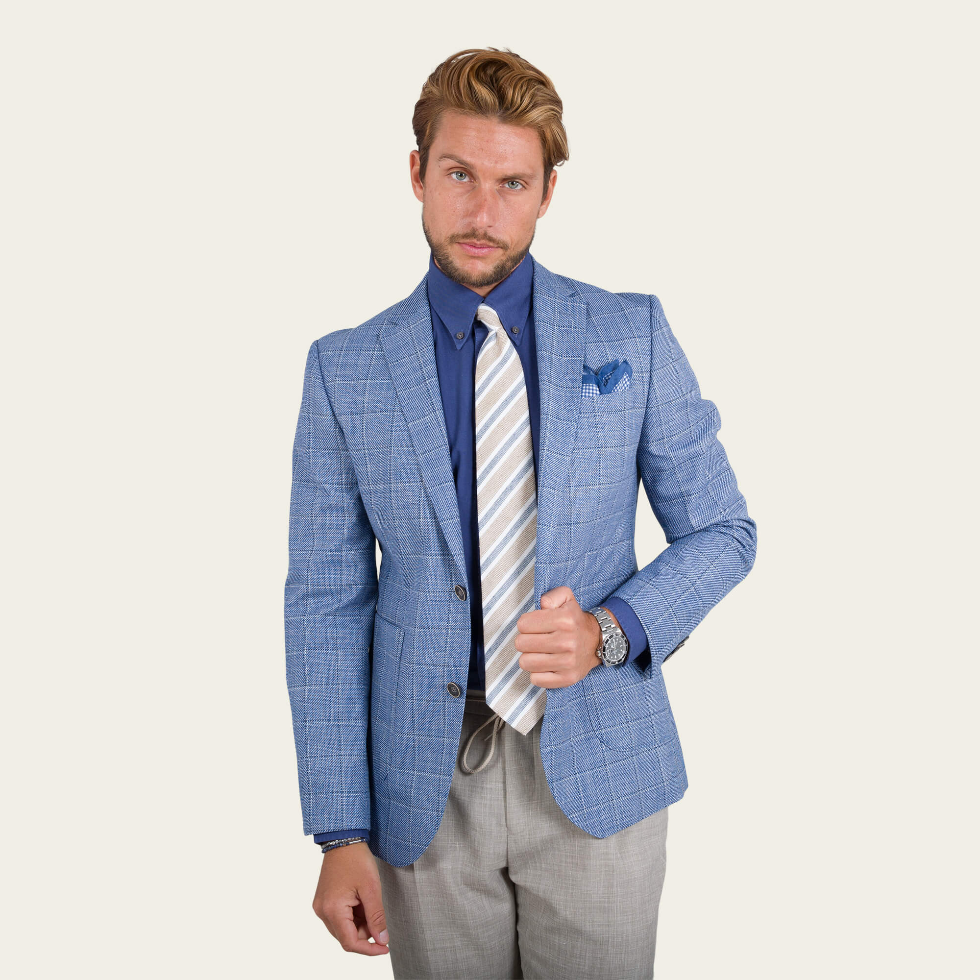 Blue Linen Blend Windowpane Check Jacket | Gagliardi